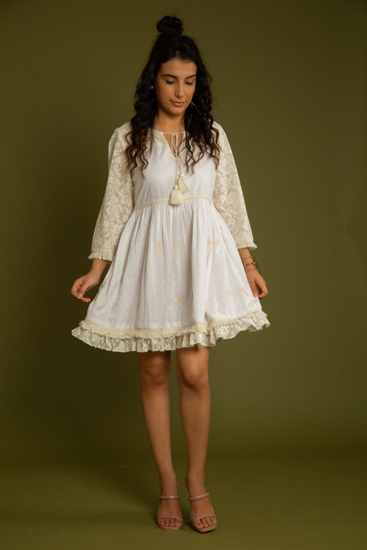 Buy Palma White V neck Embroidery Full Sleeve Dress | Label Reyya