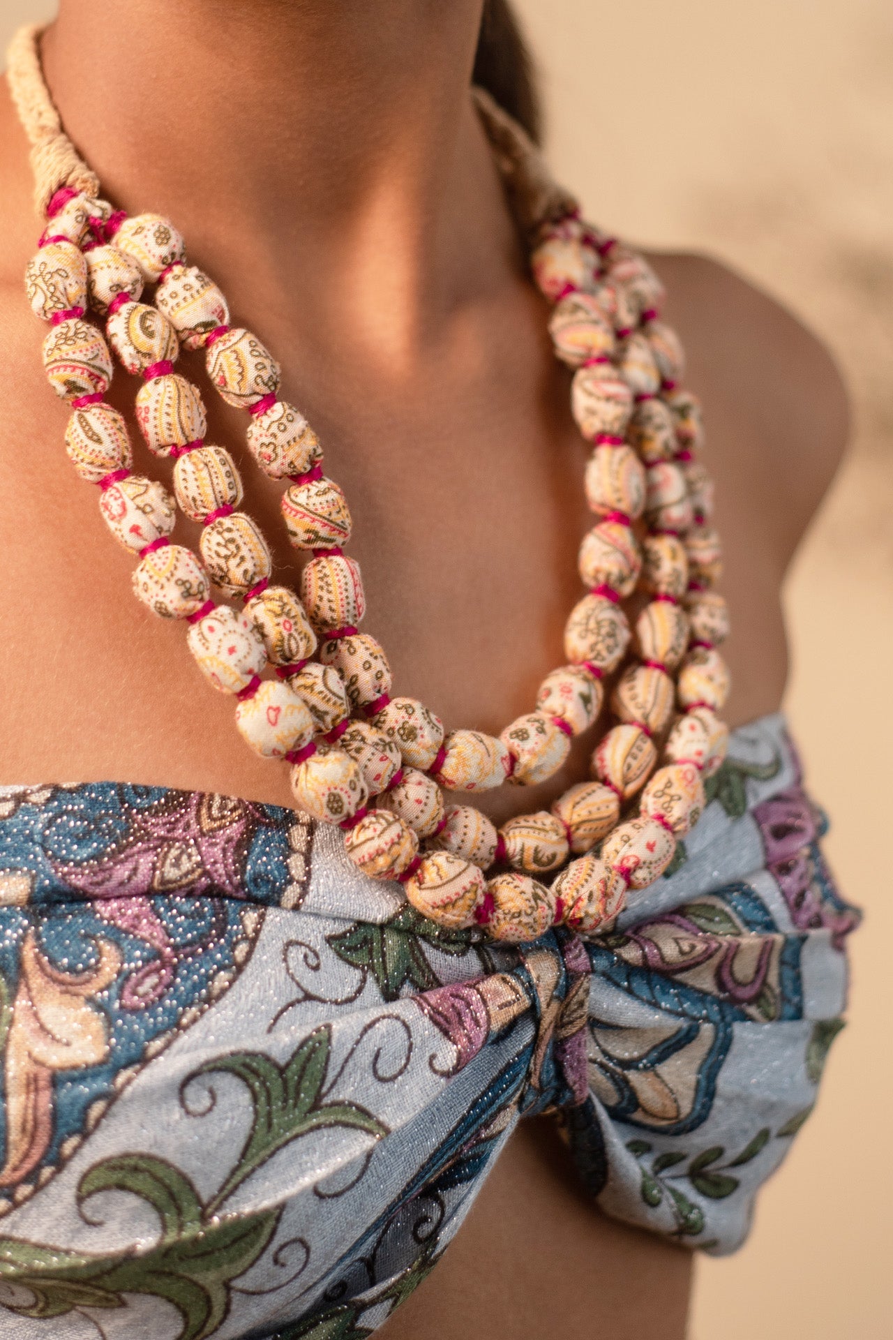 Buy Free-Spirit Printed Necklace| 3-Tier Necklace of Wooden Beads