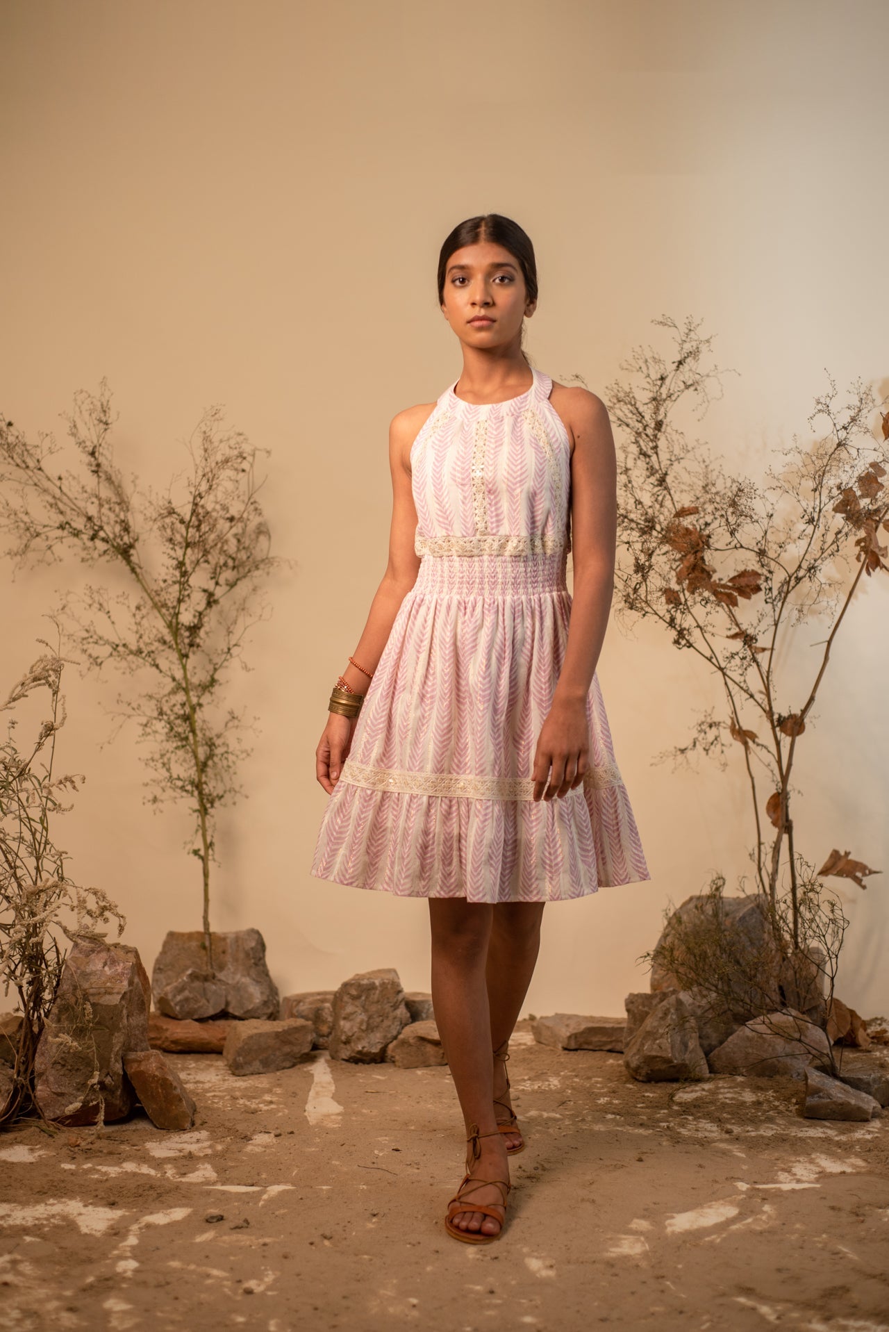 Buy Pink Halter Back Tie-Up Dress | Label Reyya